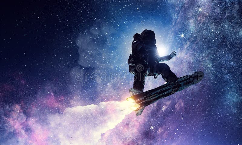 Spaceman on Flying Board. Mixed Media Stock Image - Image of technology ...