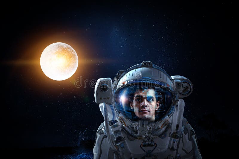 Spaceman on Full Moon Sky Background Stock Photo - Image of galactic ...