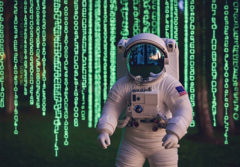 A Spaceman from the Future is Seen Reading Programming Code, Which is Reflected Onto His Space ...