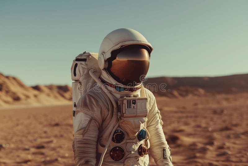 Spaceman in Helmet and Space Suit Exploring Mars or a Desertic Distant ...