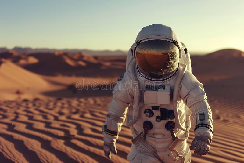 Spaceman in Helmet and Space Suit Exploring Mars or a Desertic Distant ...