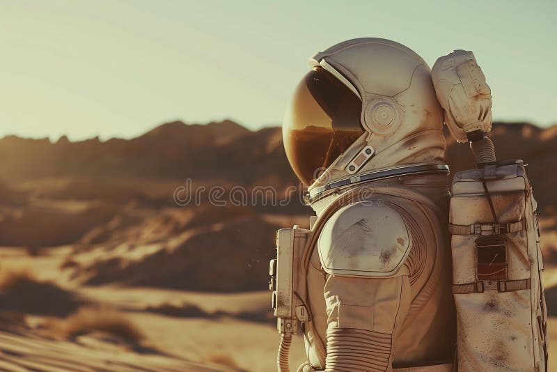 Spaceman in Helmet and Space Suit Exploring Mars or a Desertic Distant ...