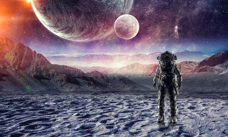 Spaceman Landing Planet. Mixed Media Stock Photo - Image of flight ...