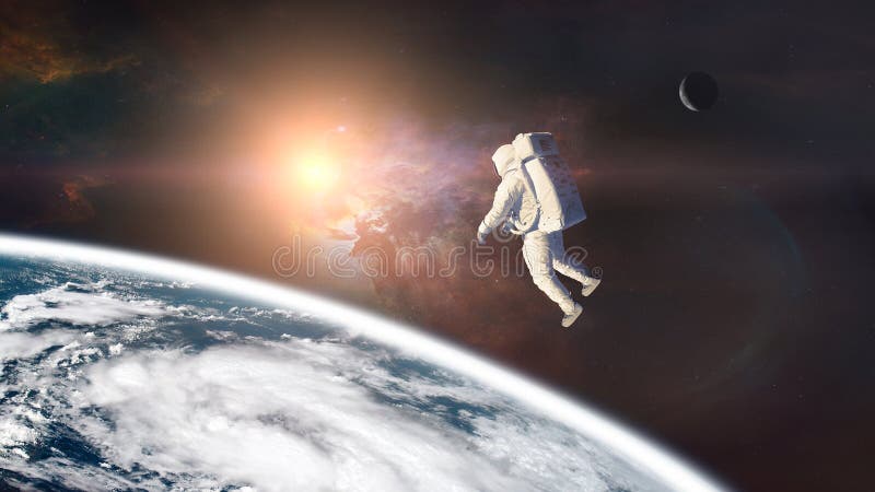 Spaceman on Low-orbit of Earth Planet with Sun Light. Elements of this ...