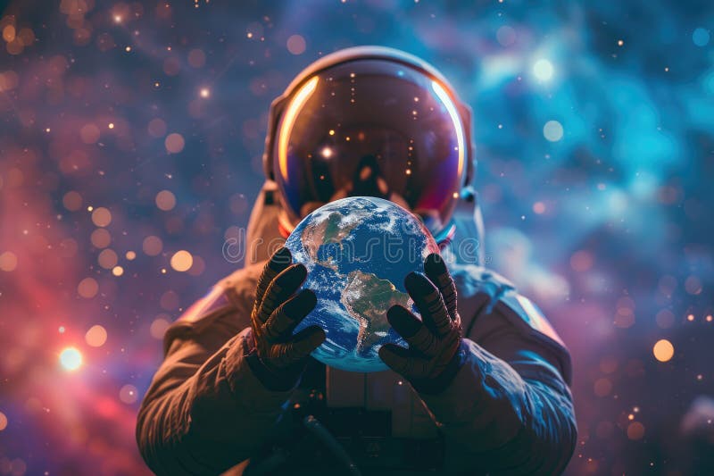 An Spaceman in Outer Space Holding the Planet Earth in His Hands. Space ...