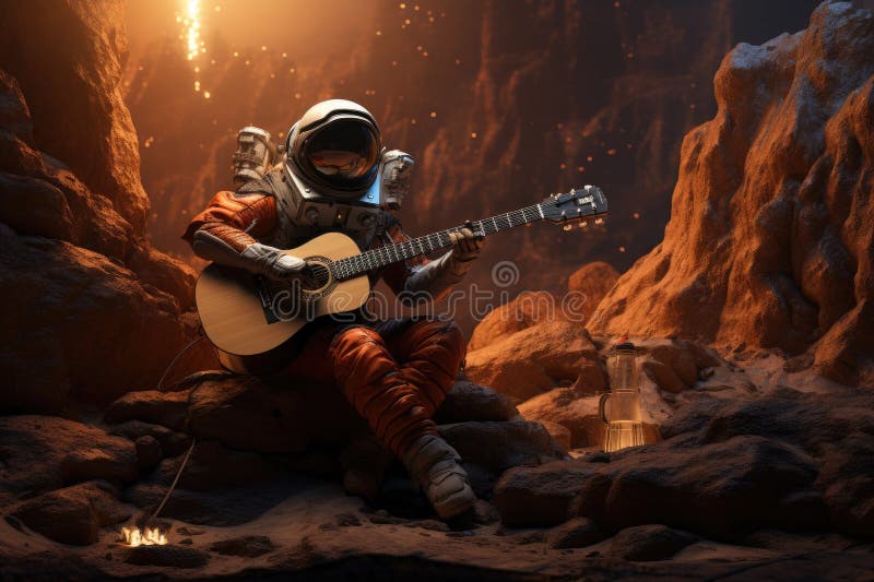 Spaceman Playing the Guitar in the Desert. 3D Rendering, an Astronaut ...