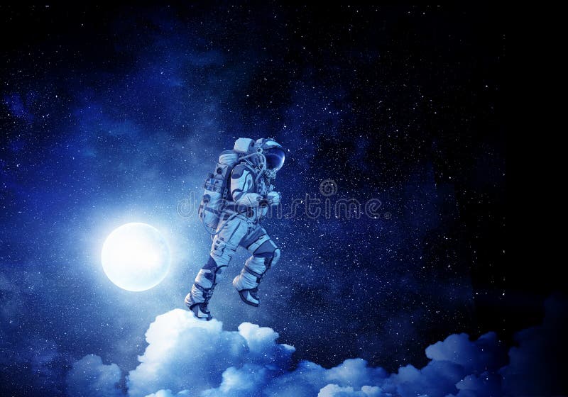 Spaceman Run on Clouds. Mixed Media Stock Illustration - Illustration ...