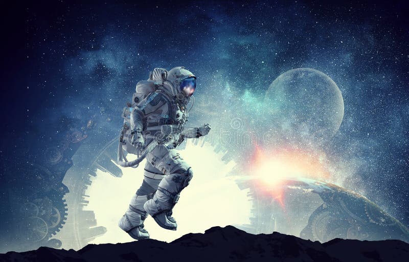 Spaceman Run on Rope. Mixed Media Stock Image - Image of spaceman ...