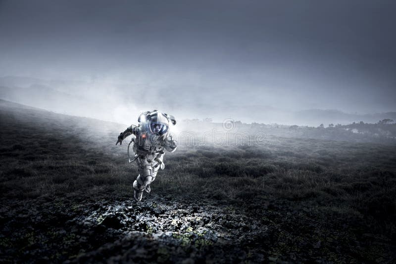 Spaceman Running Fast. Mixed Media Stock Photo - Image of surface, dark ...