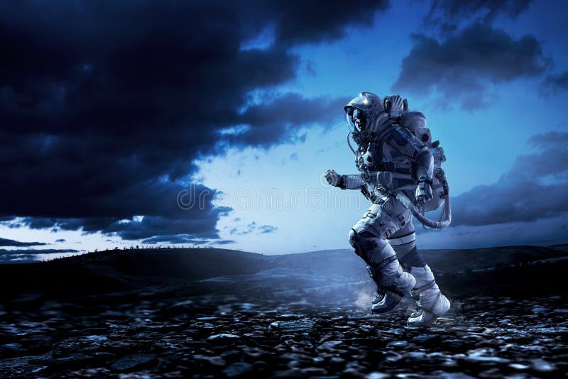 Spaceman Running Fast. Mixed Media Stock Image - Image of desert, media ...