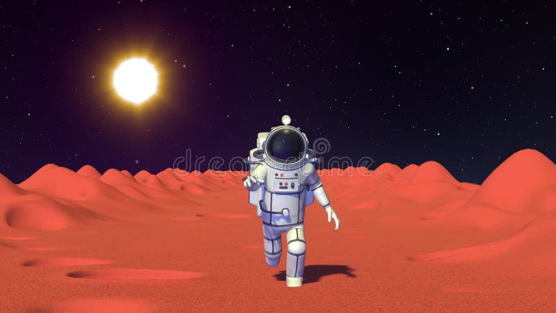 Astronaut in Spacesuit Run with Low Gravity on Moon Surface Front View ...