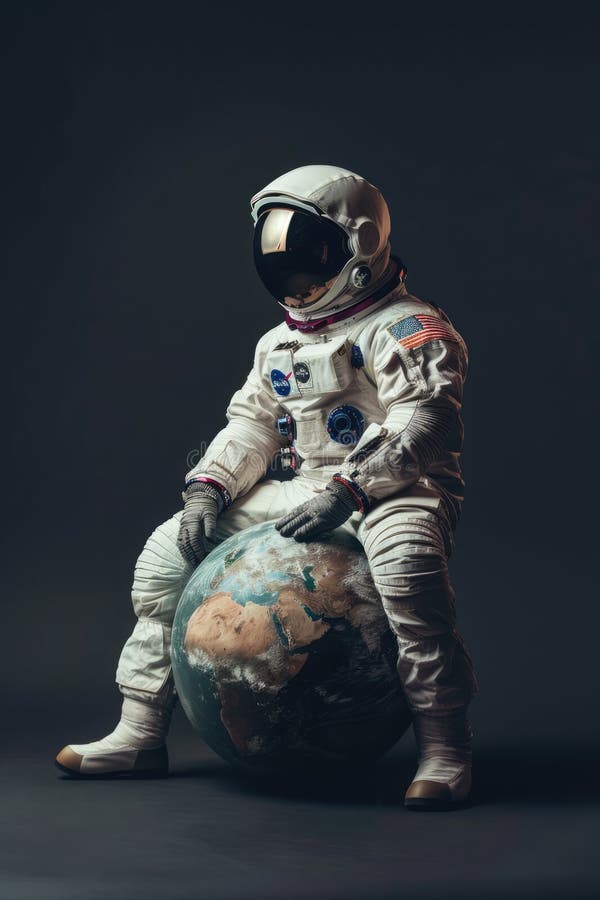 Spaceman in Spacesuit Sits on Planet Earth Globe. Astronaut in Studio ...