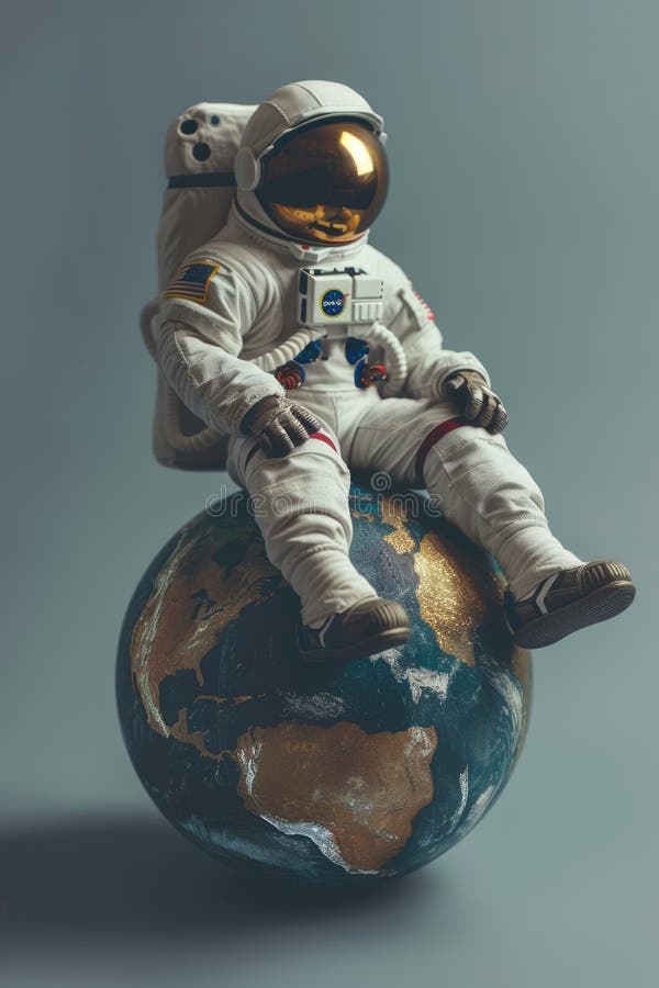 Spaceman in Spacesuit Sits on Planet Earth Globe. Astronaut in Studio ...