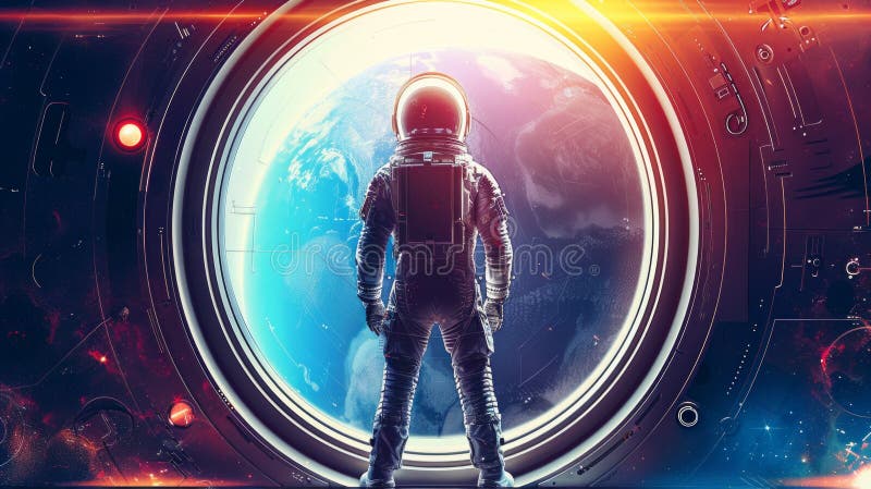 Spaceman in a Spacesuit Stands in Front of Spaceship Circle Window ...