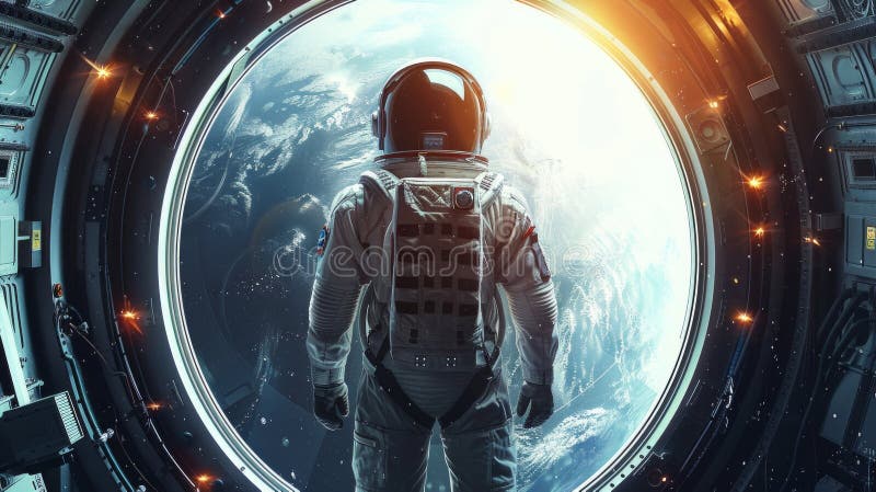Spaceman in a Spacesuit Stands in Front of Spaceship Circle Window ...