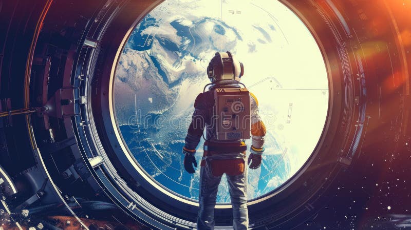 Spaceman in a Spacesuit Stands in Front of Spaceship Circle Window ...