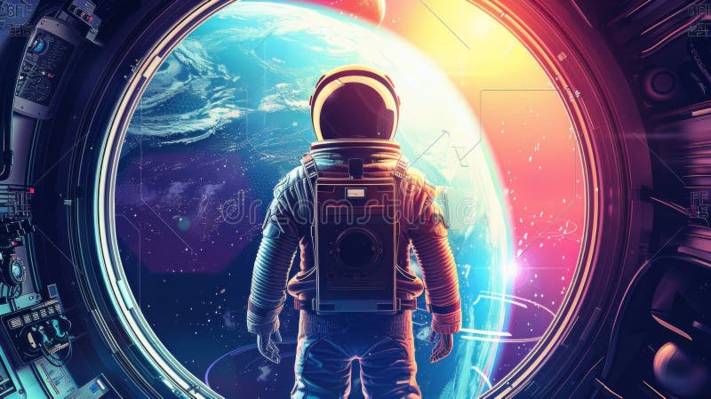 Spaceman in a Spacesuit Stands in Front of Spaceship Circle Window ...
