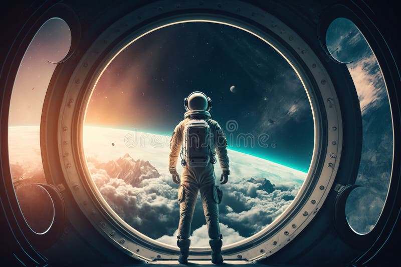 Spaceman in a Spacesuit Stands in Front of Spaceship Circle Window ...