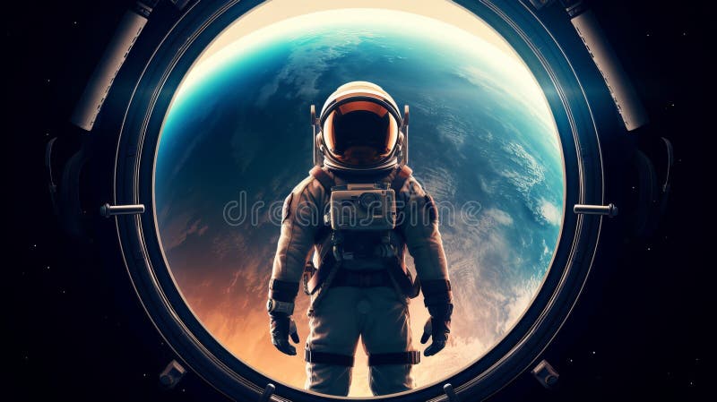 Spaceman in a Spacesuit Stands in Front of Spaceship Circle Window ...