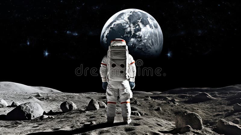 Spaceman Stands on the Moon Surface Looking To the Other Planet on the ...