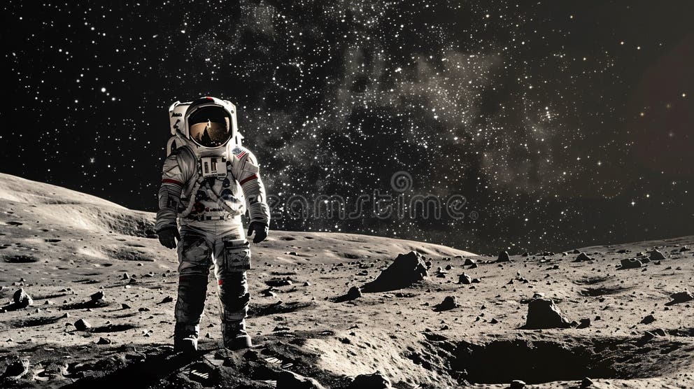 A Spaceman Stands on the Surface of the Moon, Representing Space ...