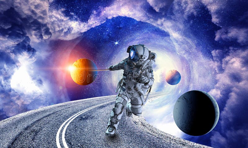 Spaceman Run on Rope. Mixed Media Stock Image - Image of atmosphere ...