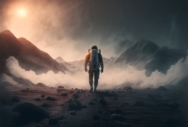 A Spaceman Walking through a Misty Distant Planet Landscape. Generative ...