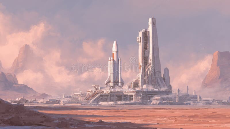 A Spaceport on Mars with Rockets Taking Off, Futuristic Infrastructure ...