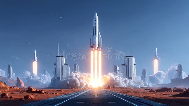 A Spaceport on Mars with Rockets Taking Off, Futuristic Infrastructure ...