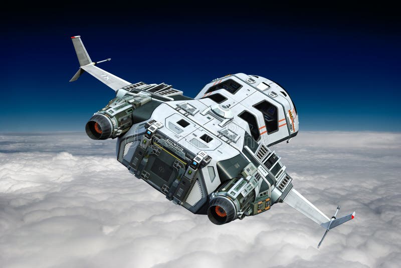 Spaceship Cruiser and Fighters Over Clouds Stock Illustration ...