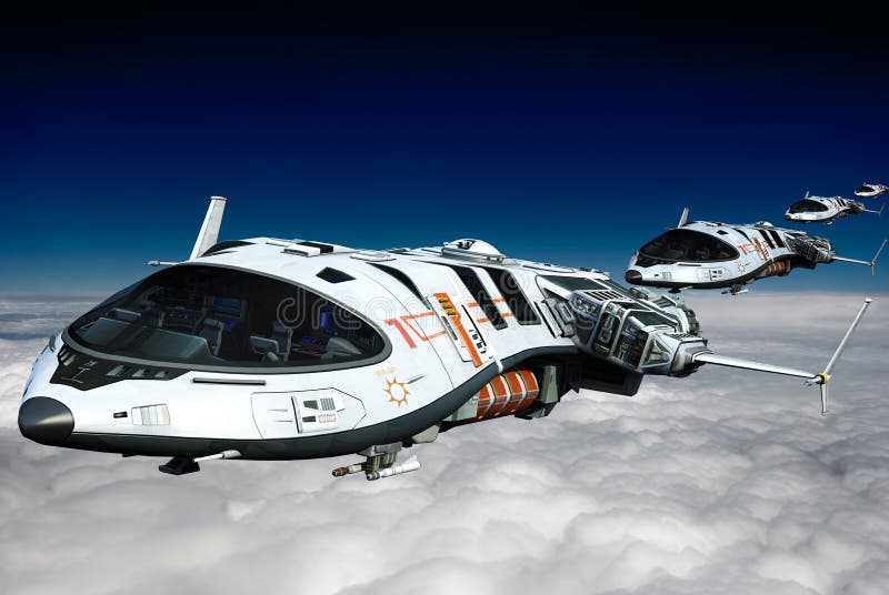 Spaceship above the clouds backside view vector illustration