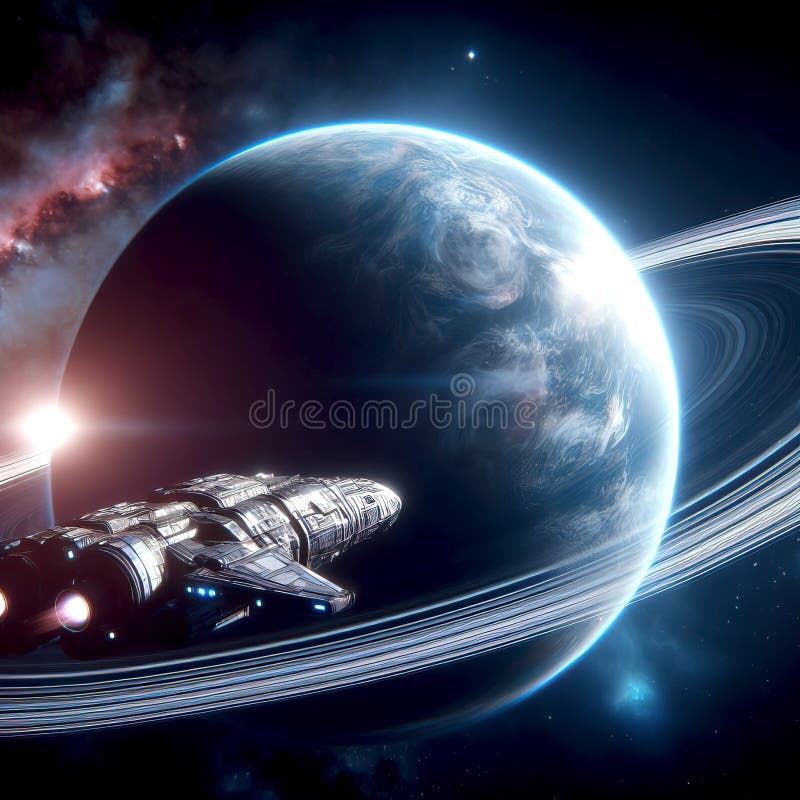 Spaceship Against the Backdrop of the Planet, Rays of Backlight Flying ...