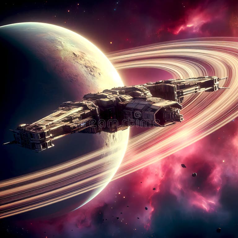 Spaceship Against the Backdrop of the Planet, Rays of Backlight Flying ...