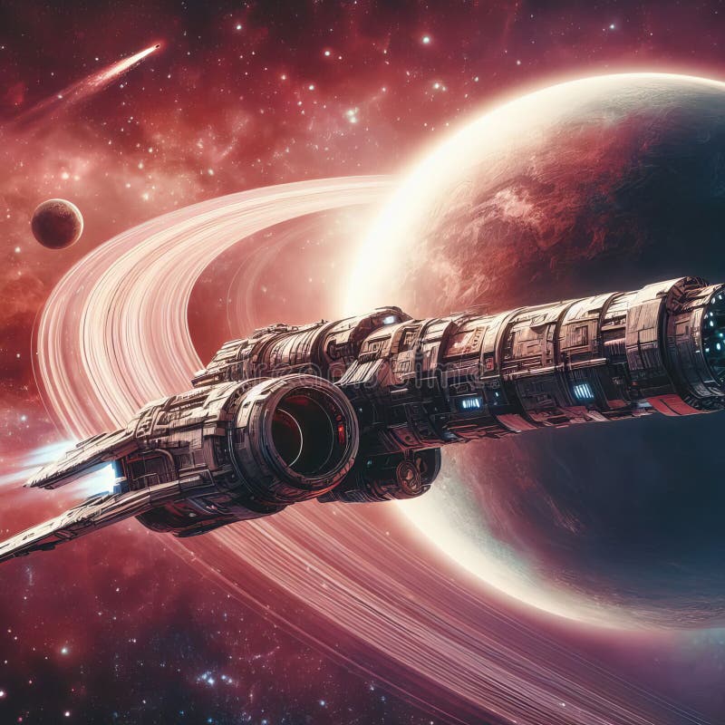 Spaceship Against the Backdrop of the Planet, Rays of Backlight Flying ...