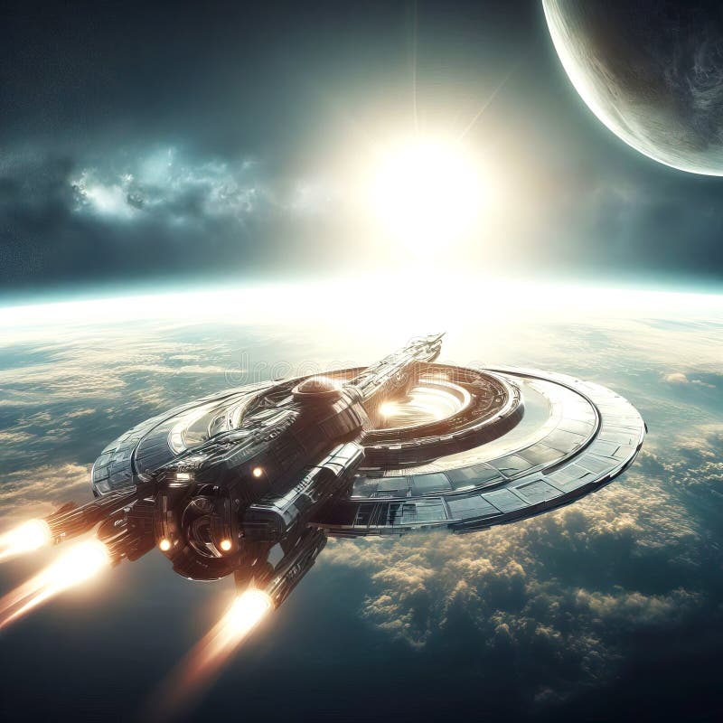 Spaceship Against the Backdrop of the Planet, Rays of Backlight Flying ...