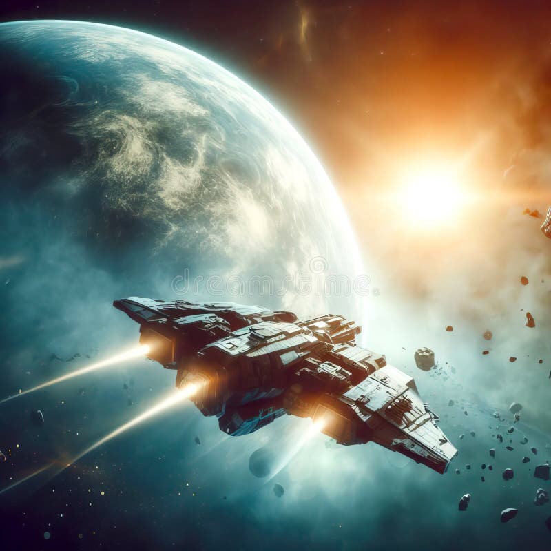 Spaceship Against the Backdrop of the Planet, Rays of Backlight Flying ...