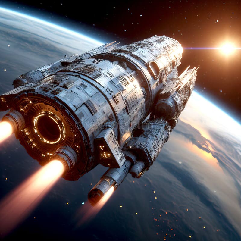 Spaceship Against the Backdrop of the Planet, Rays of Backlight Flying ...