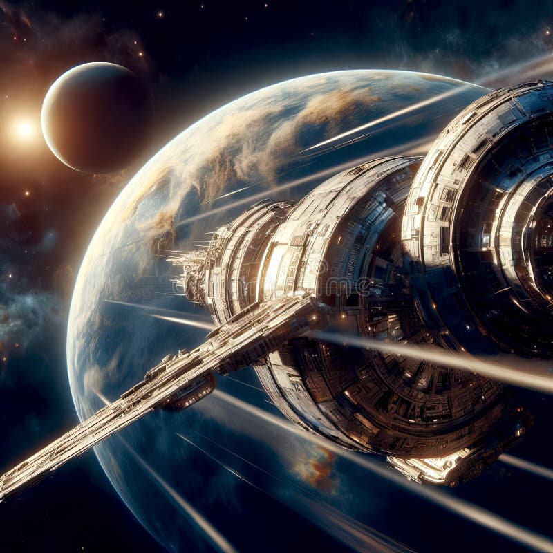 Spaceship Against the Backdrop of the Planet, Rays of Backlight Flying ...