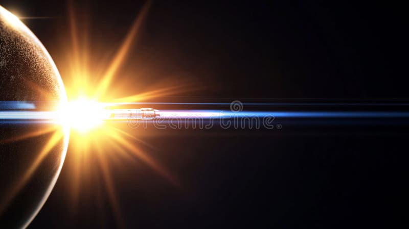 Spaceship Approaching Planet with Glowing Sun in Outer Space Stock ...