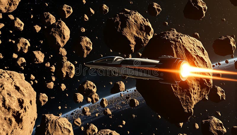 Spaceship in Asteroid Field, Sci-fi Scene, Interstellar Travel, Stock ...