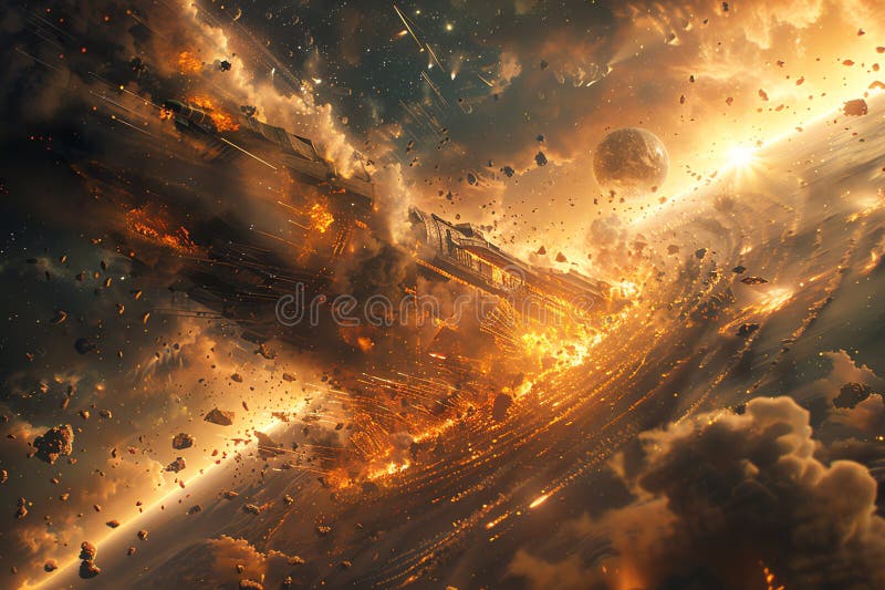 A Spaceship is Being Destroyed in the Middle of an Asteroid Field Stock ...