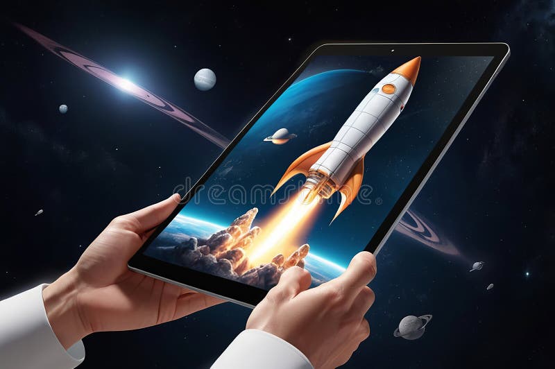 Spaceship Blasting Off from Tablet Screen. Digital Rocket Launch ...