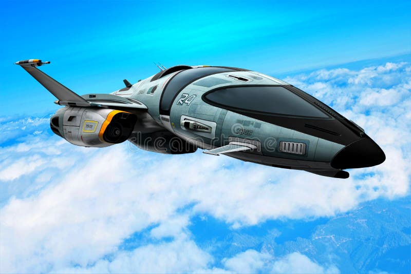 Spaceship in an blue sky stock illustration. Illustration of light ...