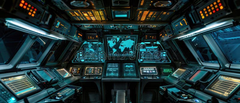 Spaceship Cabin Interior, Modern Cockpit with Computer Screens and ...