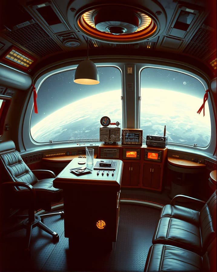 A Spaceship Cockpit with a Central Control Panel, Surrounded by Windows ...