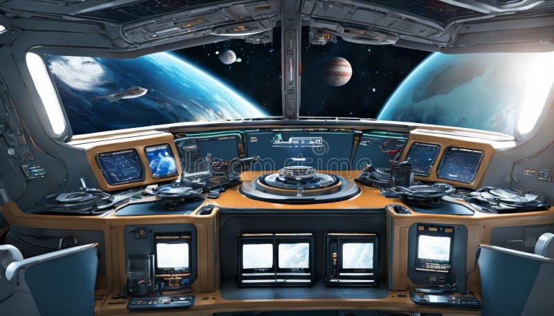 Spaceship Cockpit Interior with View of Outer Space Stock Photo - Image ...