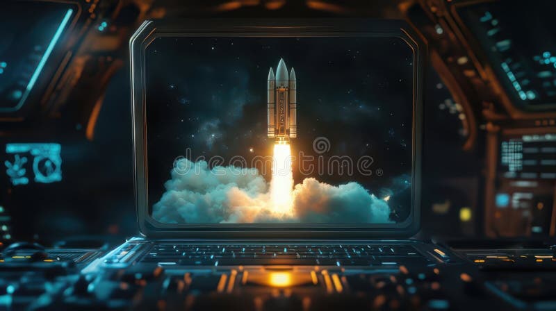 Rocket Launching in Space on a Laptop Screen in a Spaceship Cockpit ...