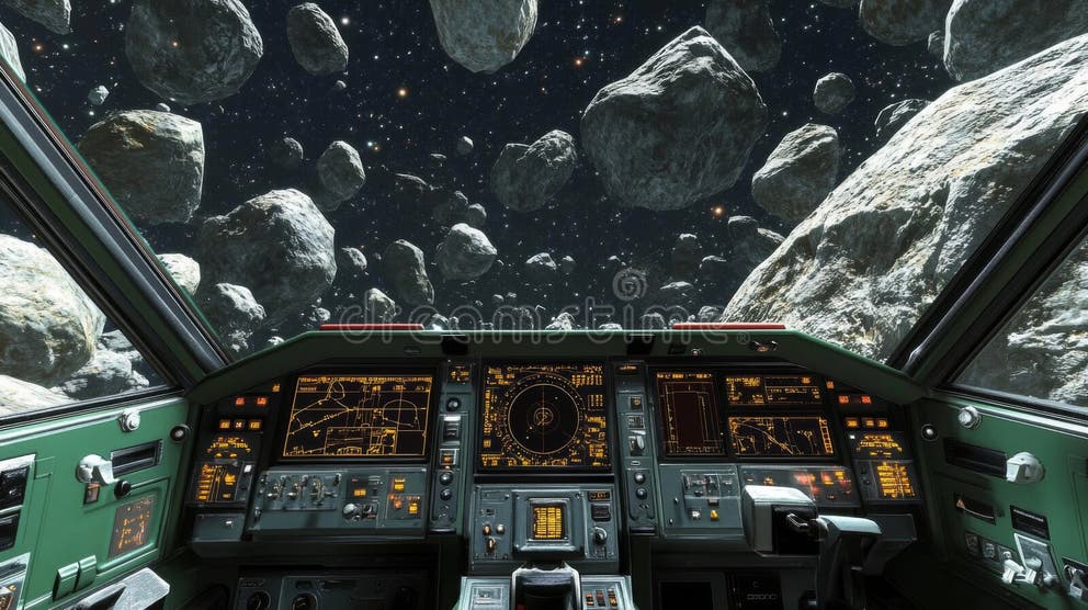 Spaceship Cockpit View of Asteroid Field Stock Illustration ...
