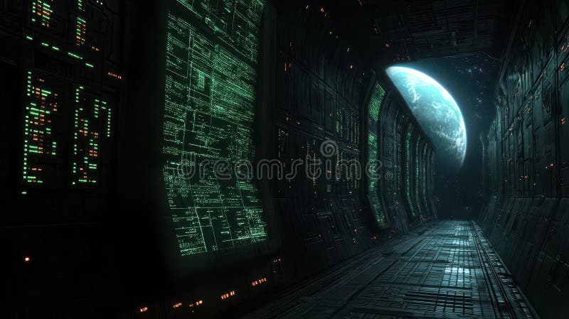 Spaceship Corridor, Alien Planet View Stock Illustration - Illustration ...