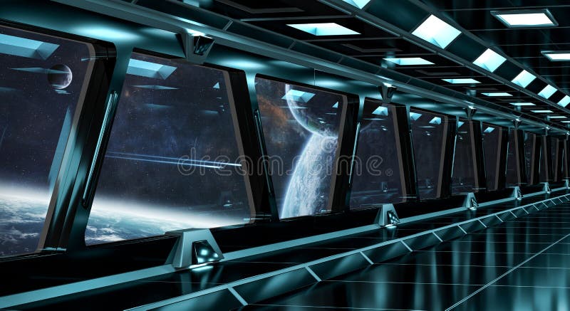 Spaceship Corridor with View on Distant Planets System 3D Render Stock ...